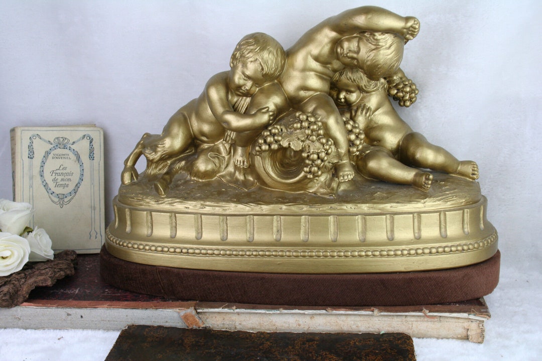 Xl French Signed Terracotta Gold Gilt Putti Faun Satyr Group Sculpture ...