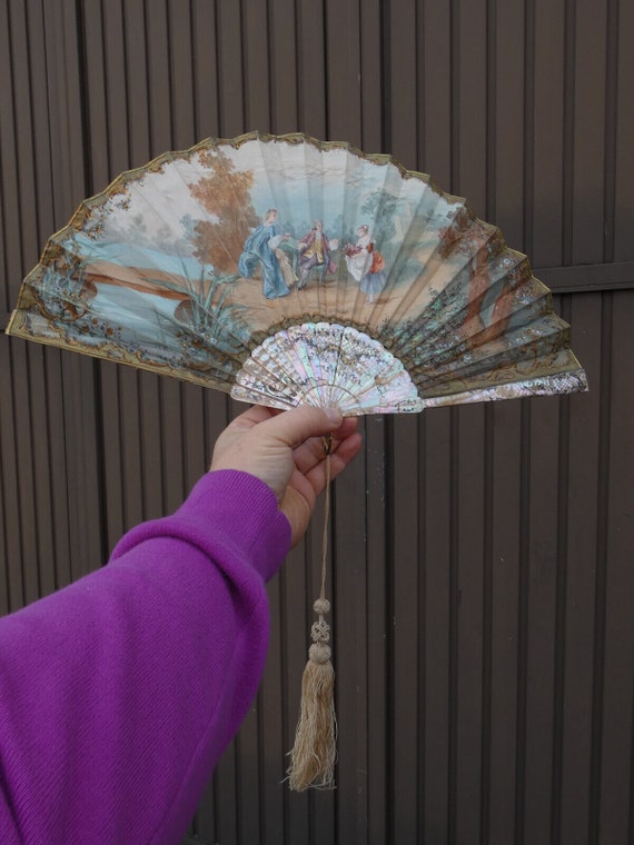 Antique signed french hand painted paper fan etched … - Gem