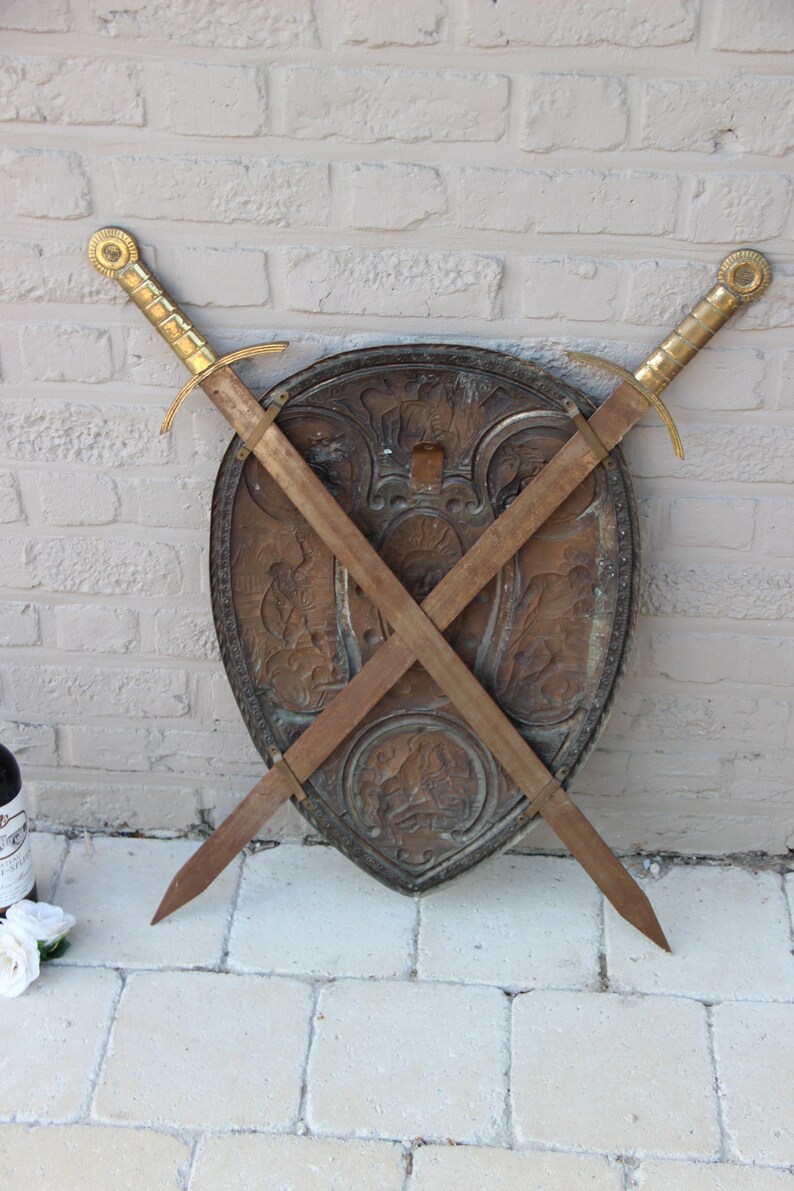 Vintage French Wall Armor Shield Copper Relief Dragon Battle - Etsy