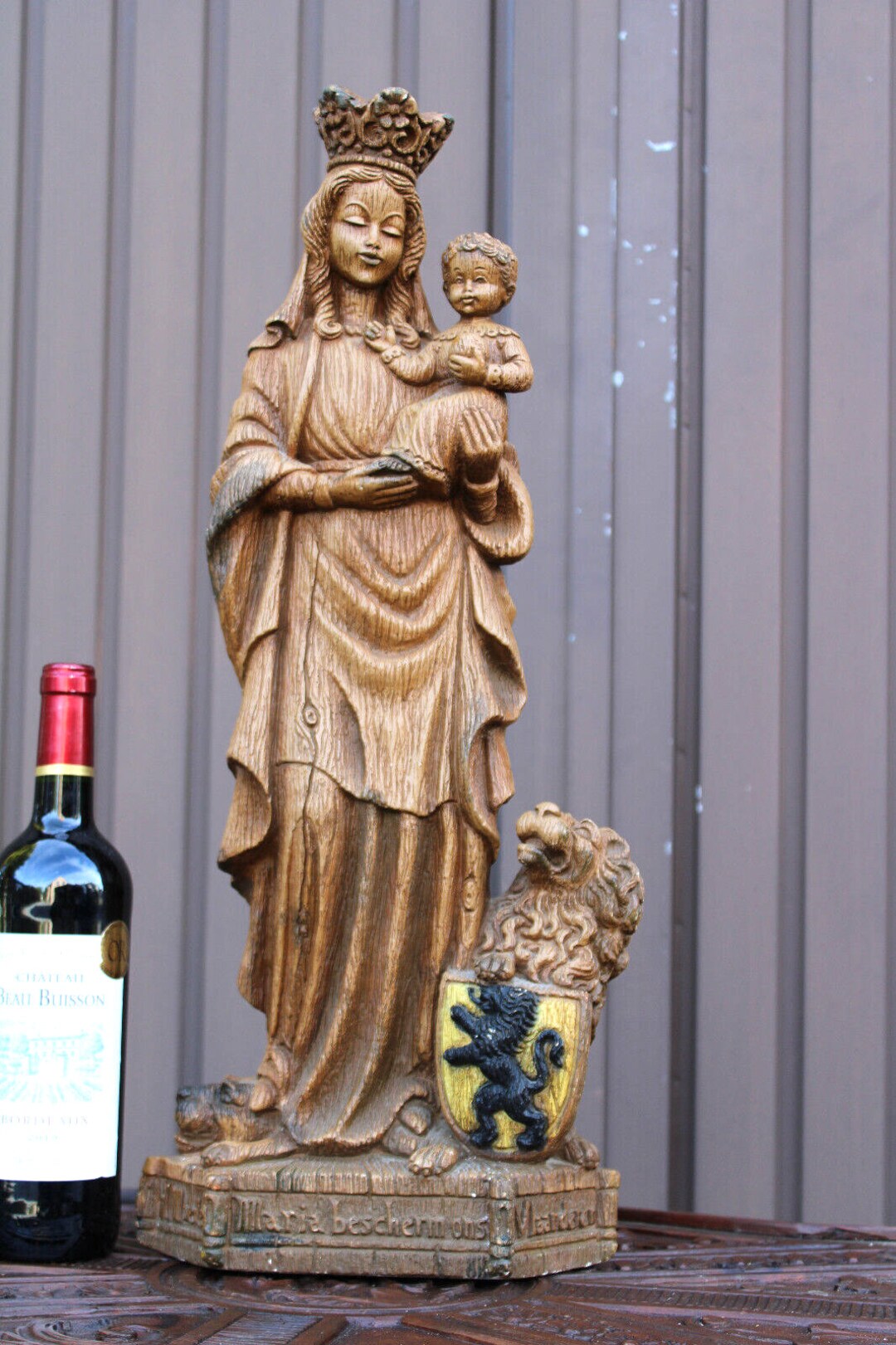 Antique Ceramic Xl Statue Our Lady of Flanders Lion Signed Merlini ...
