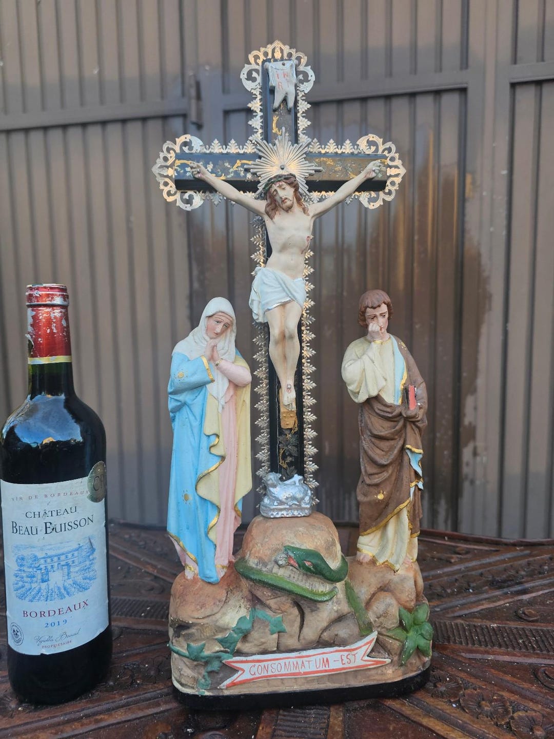 Antique Chalk & Wood Cross Calvary Scene Mary John Snake Rare Crucifix ...