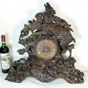Xl Top Antique Black Forest Wood Carved Clock Hunting Scene Dogs Deer ...