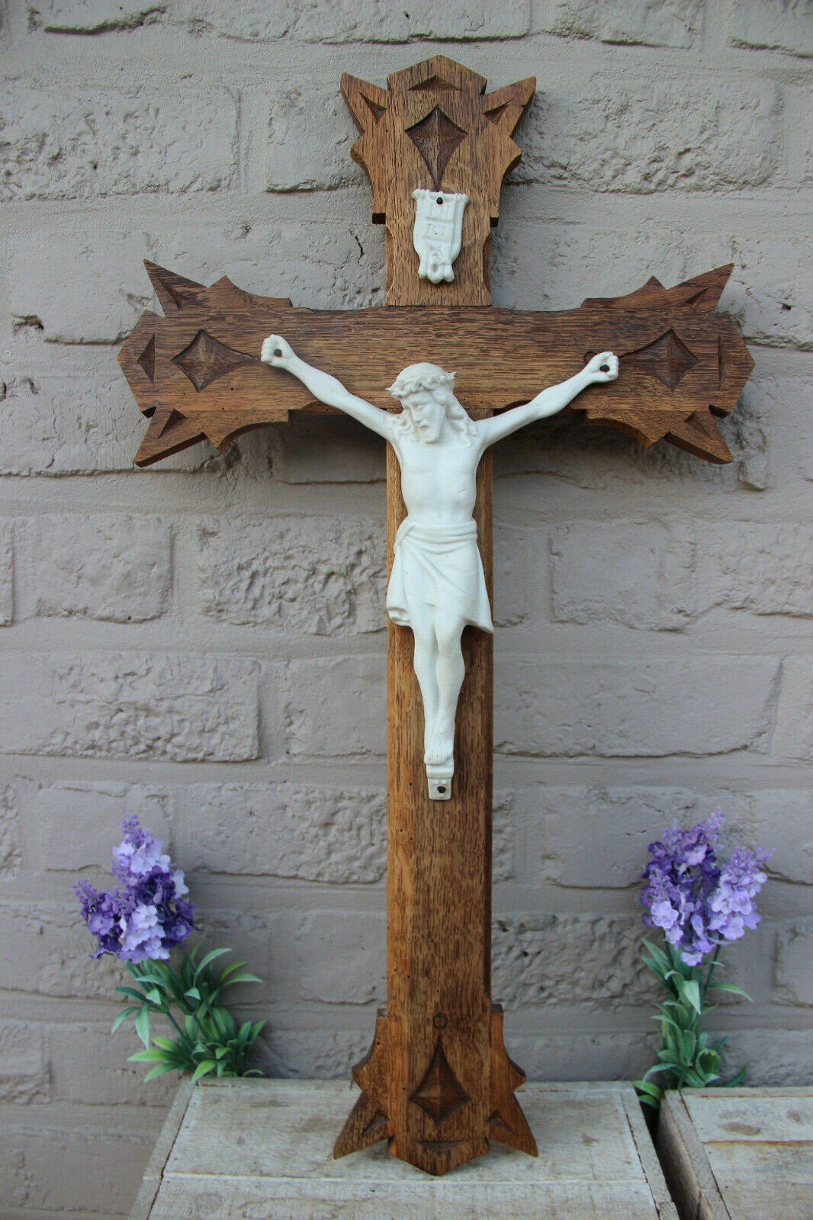 Antique French Wood Carved Crucifix Cross Porcelain Bisque Christ ...