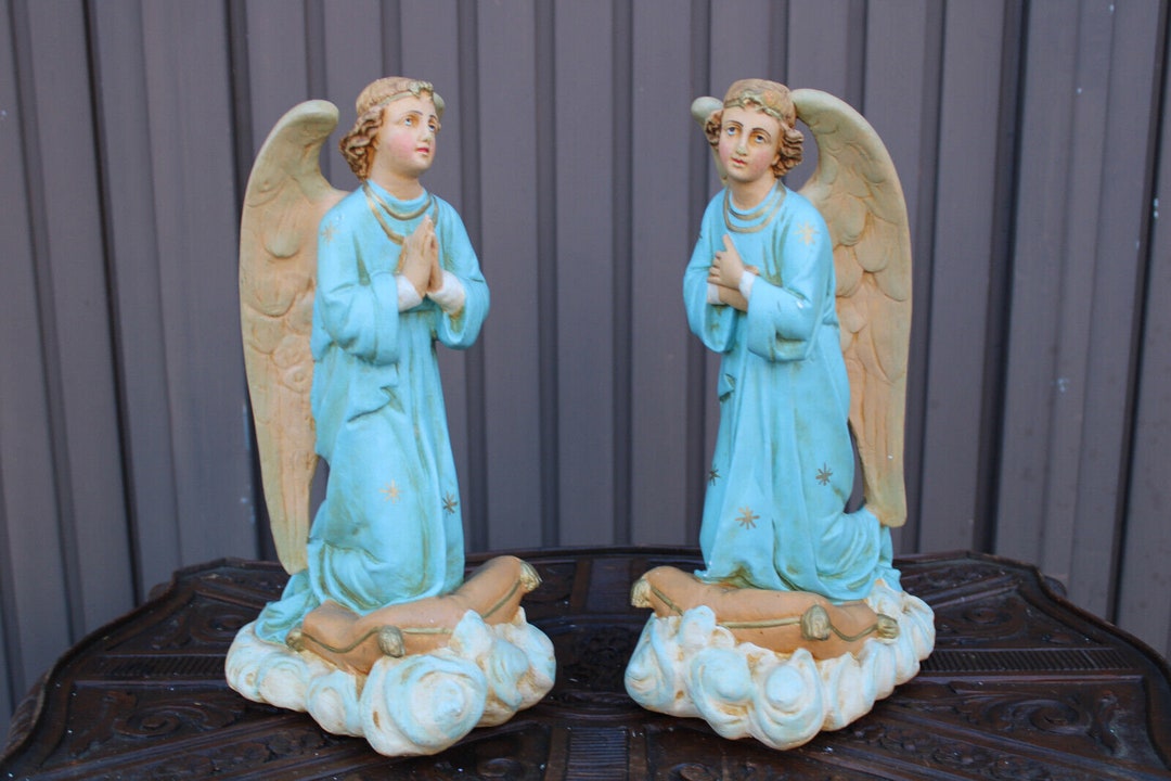 Pair Antique Religious Ceramic Angel Praying Statue Religious Church ...