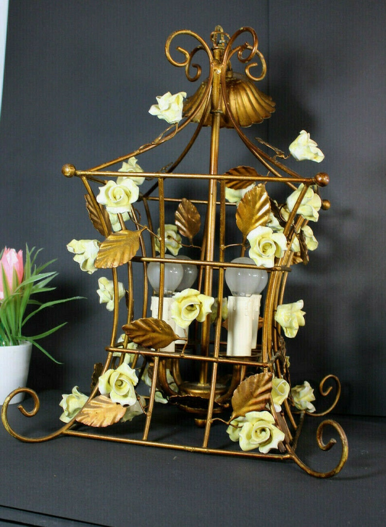 Vintage French Caged Metal Yellow Rose Porcelain Flowers - Etsy