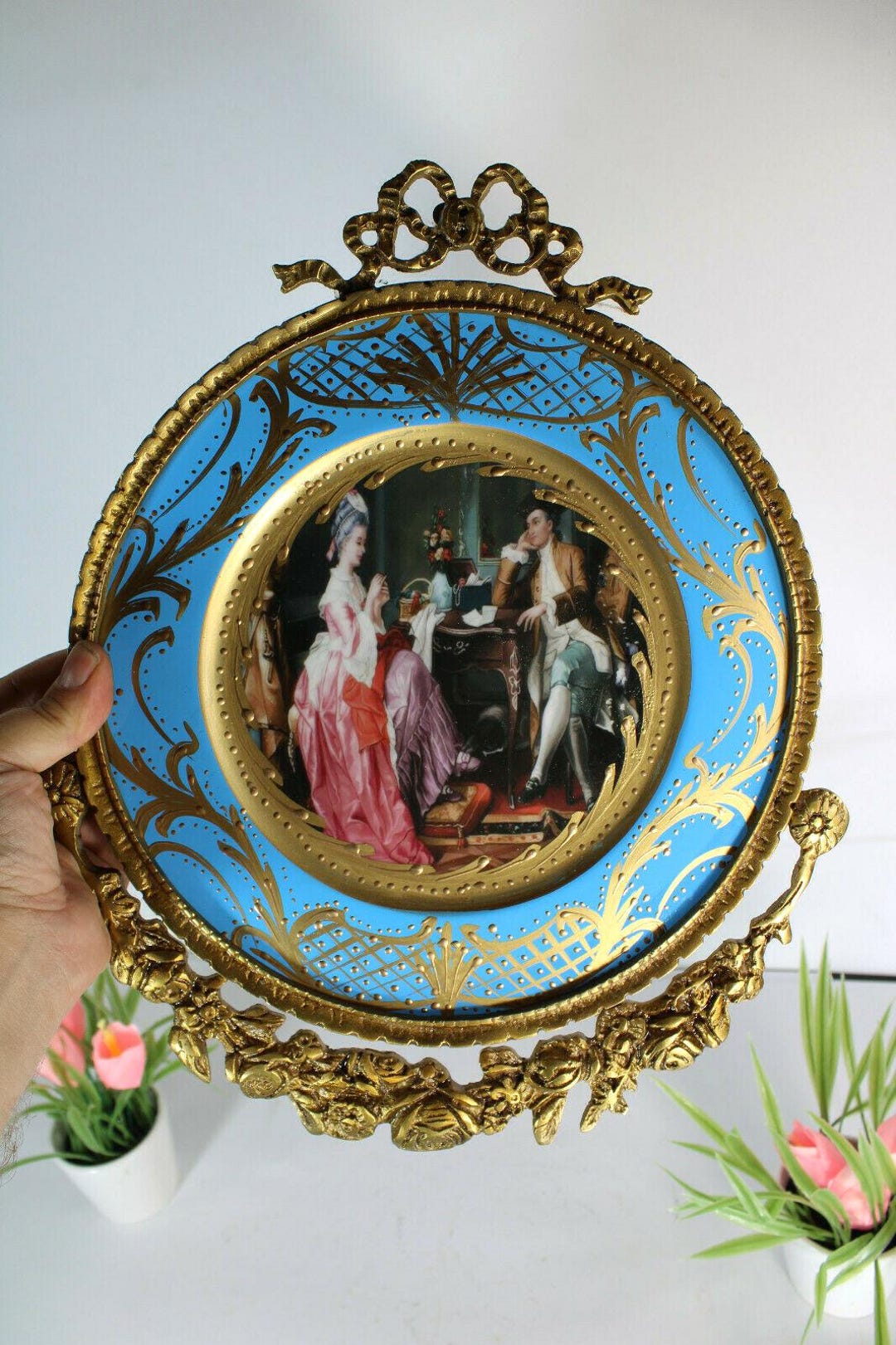 Vintage Bronze Porcelain Plate Wall Plaque Romantic Scene - Etsy