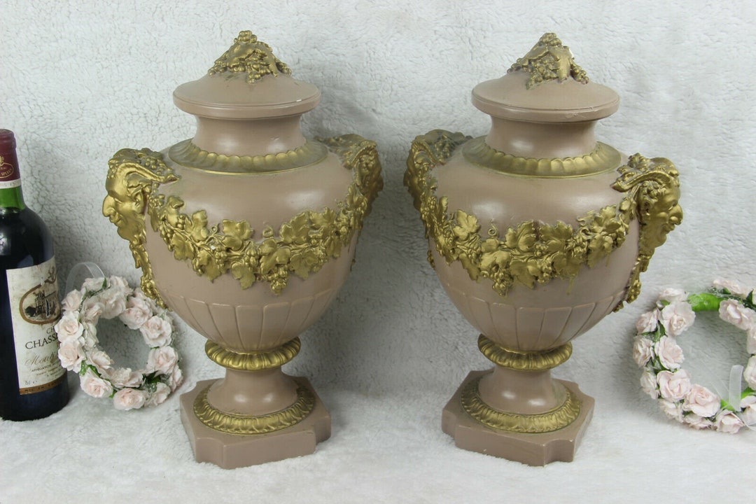 Pair Antique Art Deco 1920 Chalkware Satyr Heads Cassolette Vases Urns ...