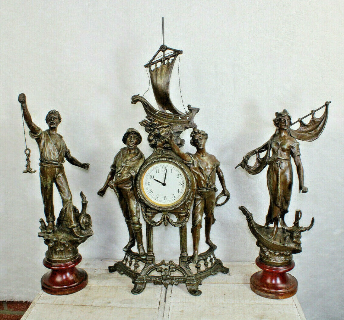 Vintage 1970 French Zinc Spelter Mantel Clock Set Statue - Etsy
