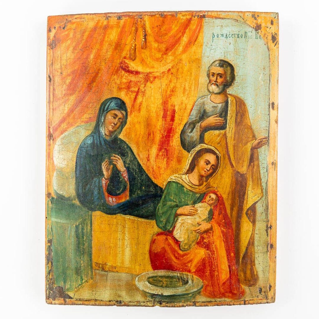 Antique 19thc Orthodox Hand Paint Icon Birth of Mary Wood Plaque - Etsy