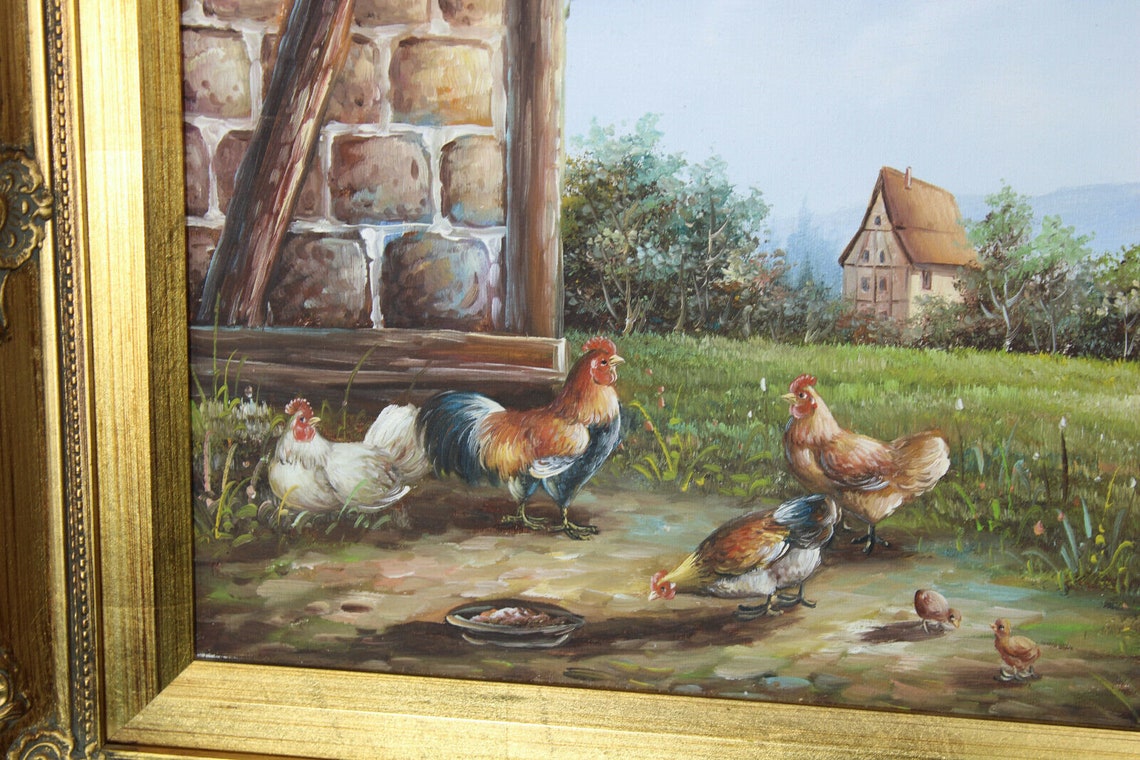 Vintage Flemish Oil Canvas Animal Chicken Rooster Family | Etsy