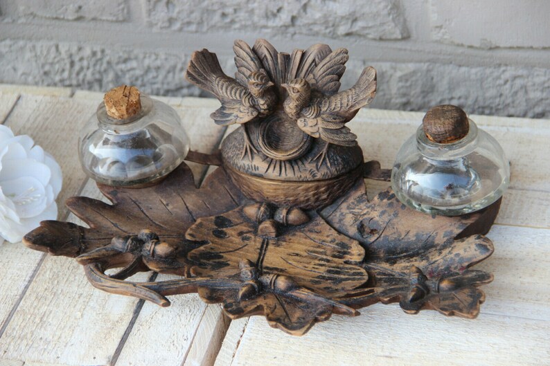 Antique Black Forest Wood Carved Rare Inkwell Birds Couple - Etsy