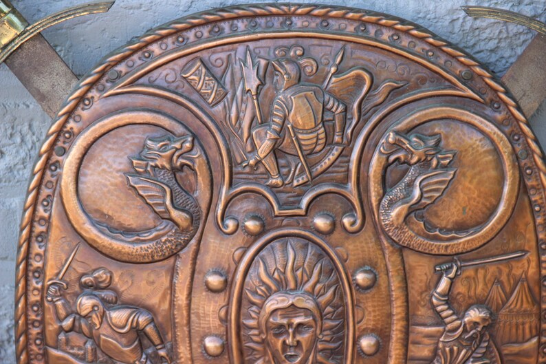 Vintage French Wall Armor Shield Copper Relief Dragon Battle | Etsy