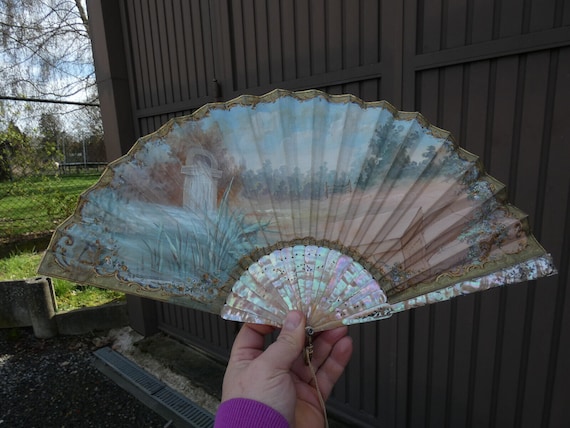 Antique signed french hand painted paper fan etched … - Gem