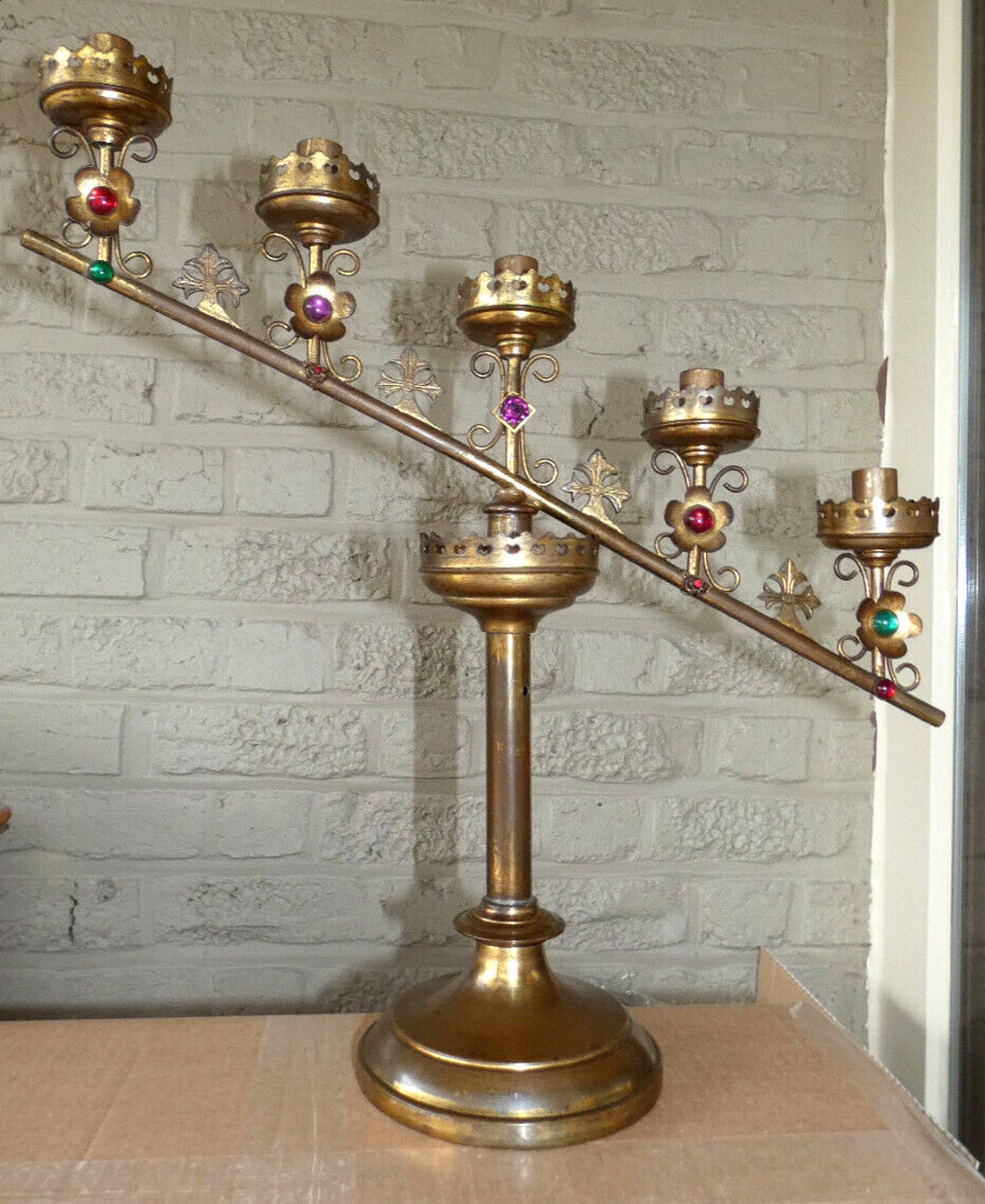 Antique French Brass Copper Altar Candelabra Candle Holder Church ...