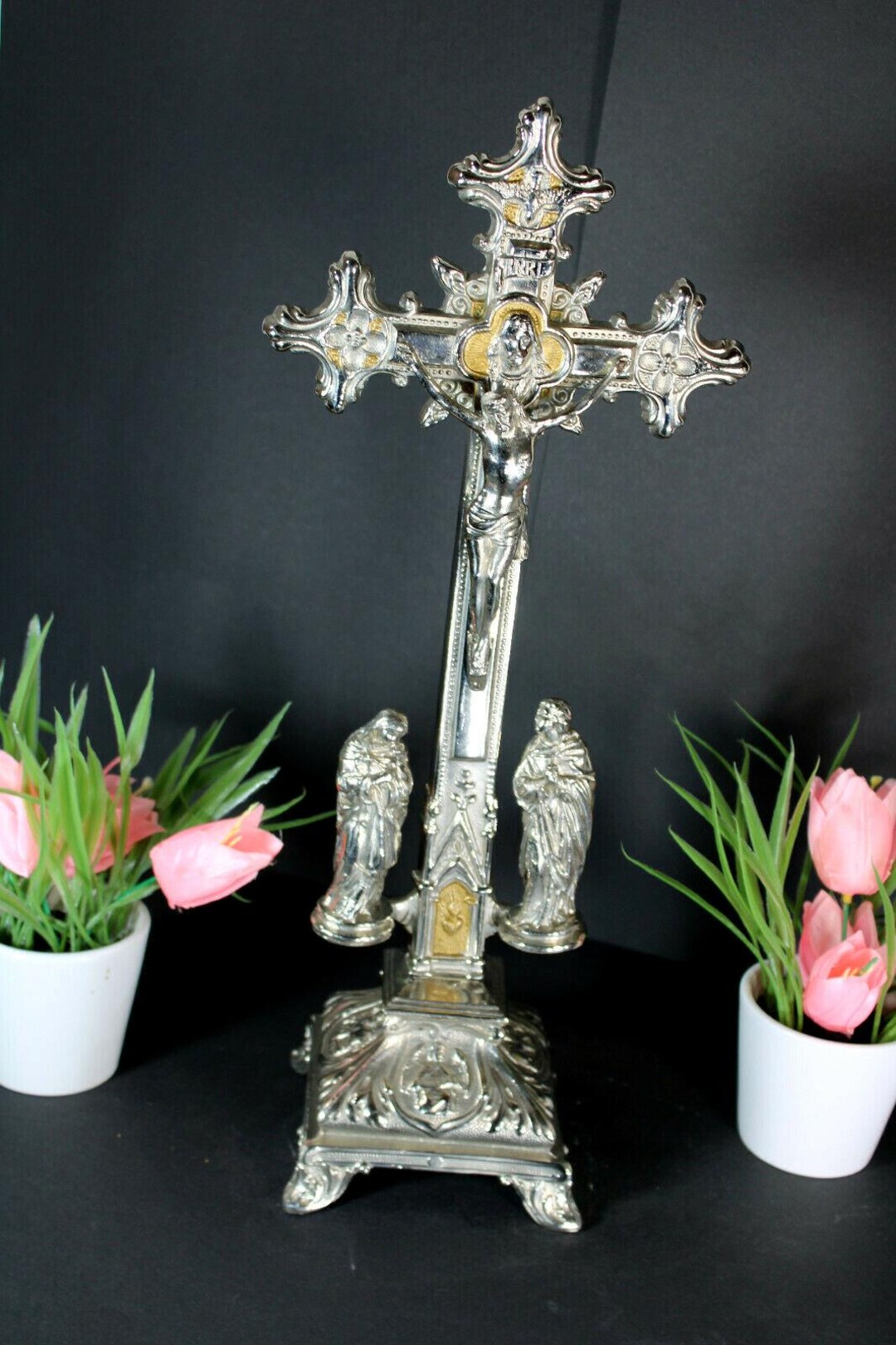 Antique French Spelter Zinc Crucifix Calvary 4 Evangelist Symbols ...