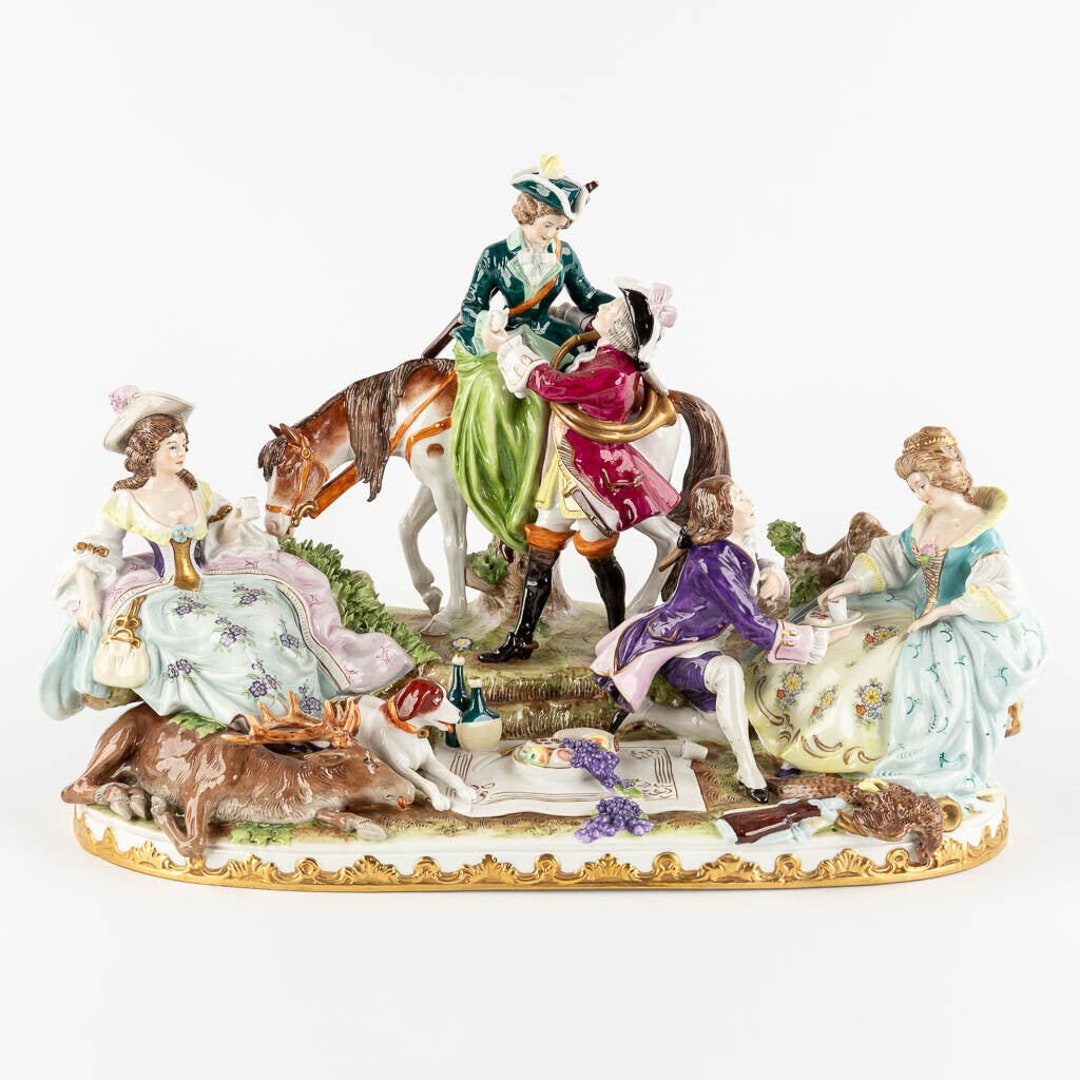 Xl German Scheibe Alsbach Marked Porcelain Pic Nic Hunt Group Statue ...