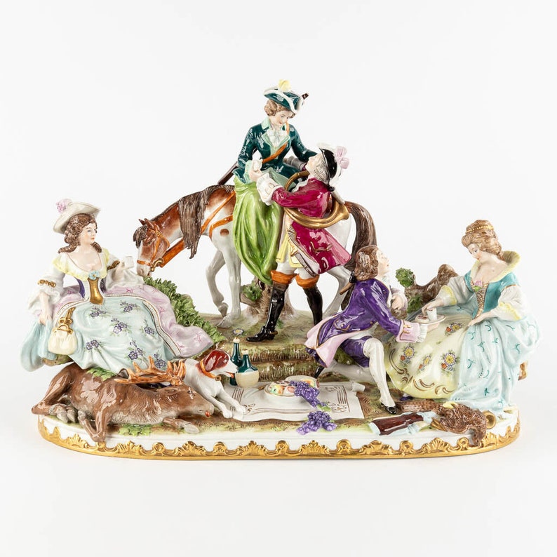 Xl German Scheibe Alsbach Marked Porcelain Pic Nic Hunt Group Statue ...