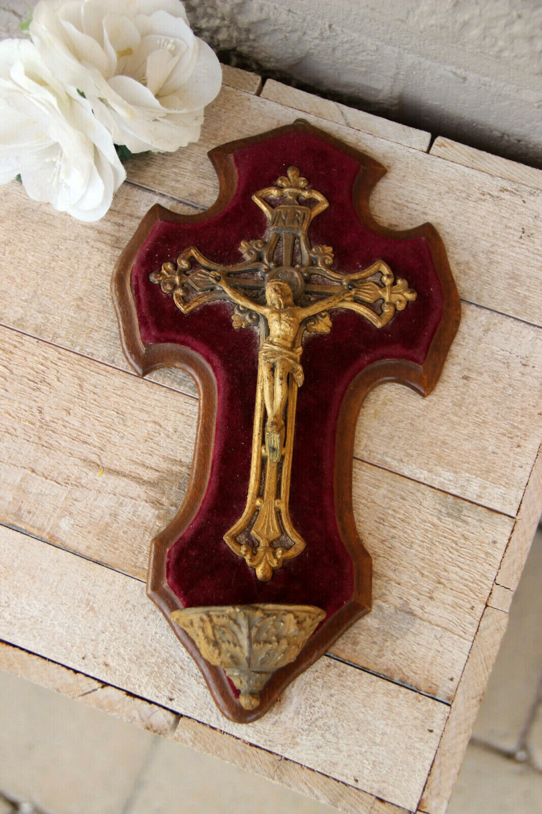 Old French Antique Holy Water Font Brass Crucifix Red Velvet Religious ...