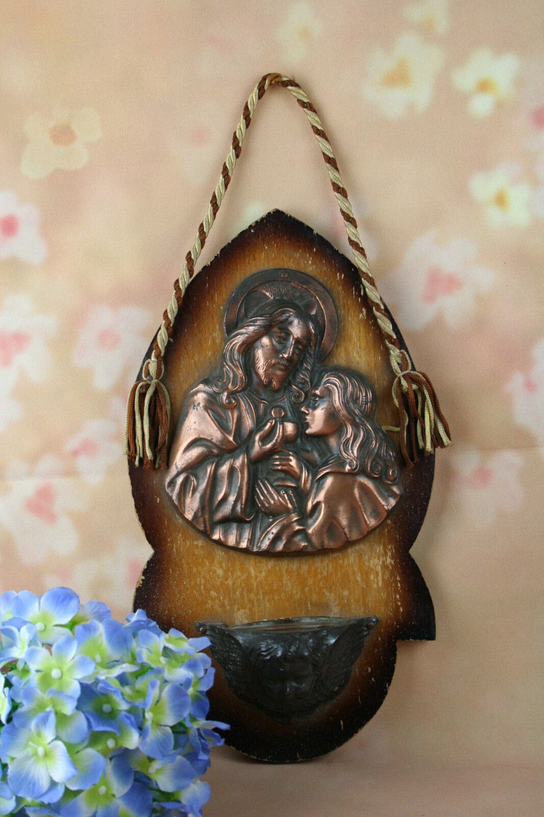 Flemish Belgian Holy Water Font Vessel Benitier Wood Metal Glass Christ ...