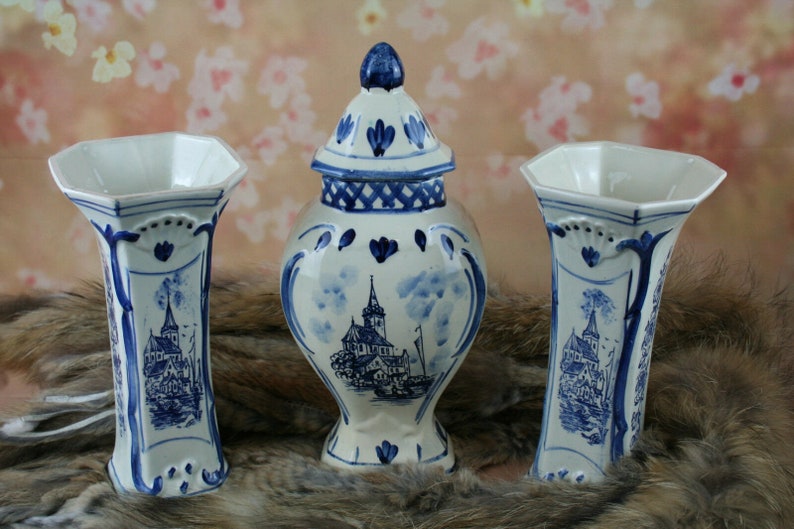 Delft Dutch Porcelain Mantel Set Garniture Vases 3 Pcs All - Etsy