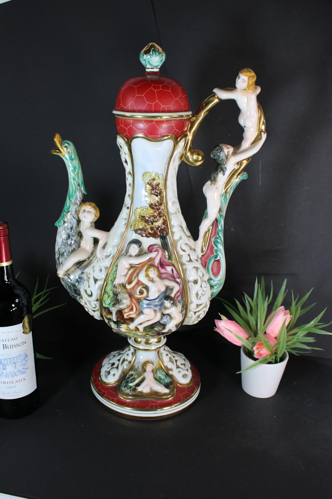 Xl Capodimonte Porcelain Marked Pitcher Vase Swan Putti Cherub Relief ...