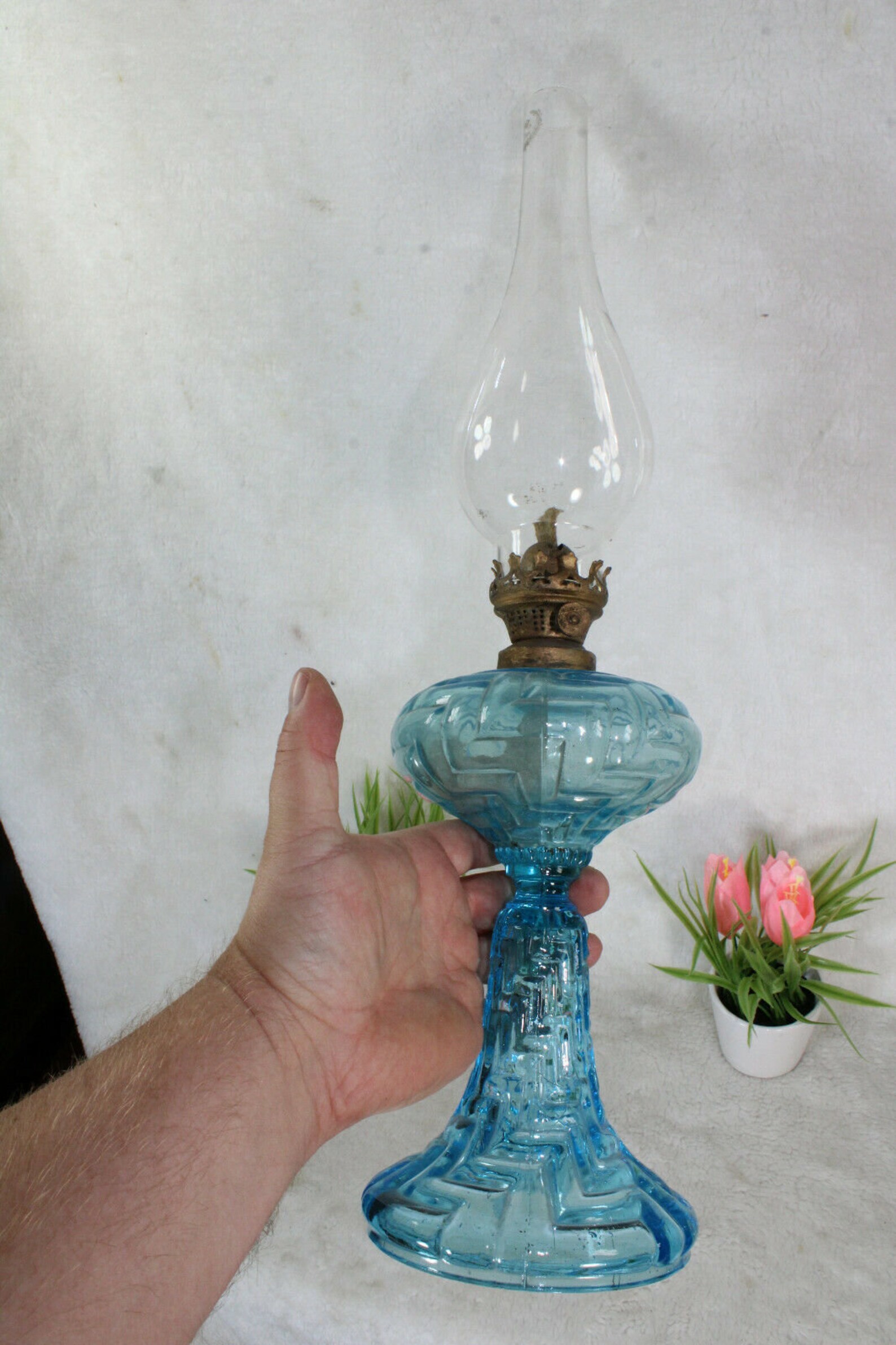 Antique French Blue Glass Oil Lamp | Etsy