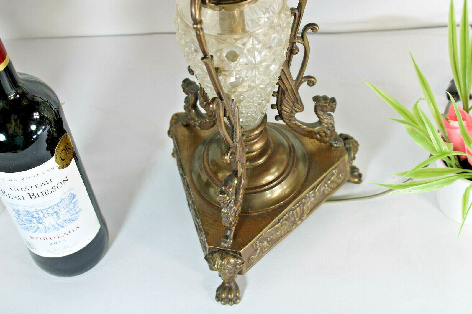 Antique xl french bronze crystal dragons satyr heads oil lamp | Etsy