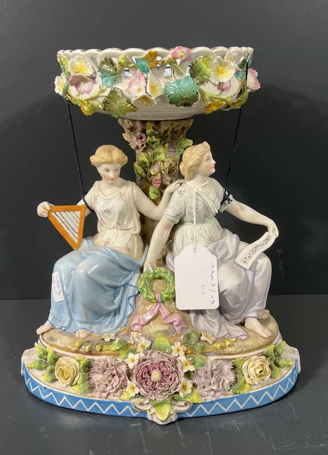 German Sax Porcelain Marked Centerpiece Bowl Musician Lady Floral Decor ...