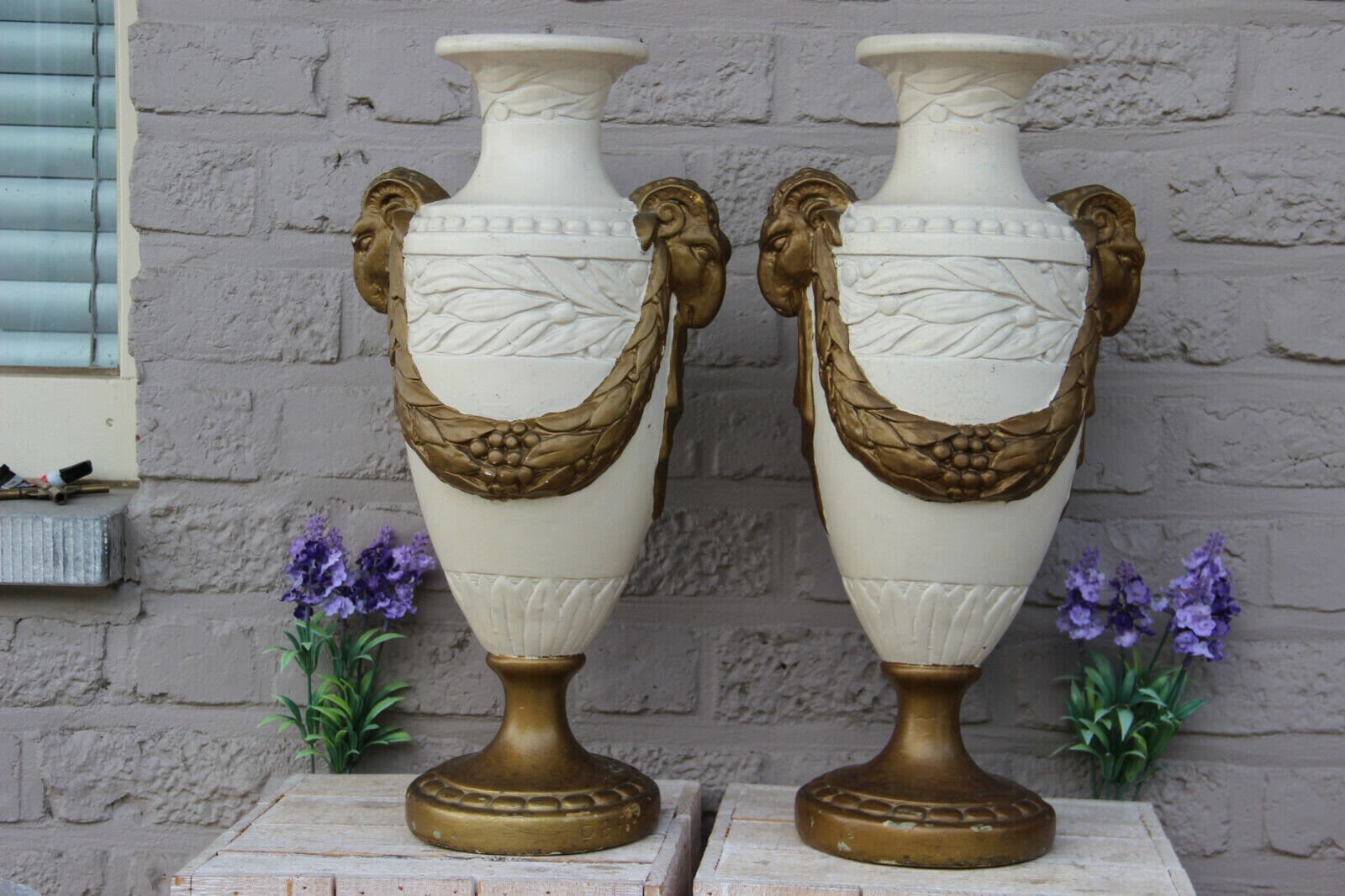 Pair Large Antique French Chalkware Paint Ram Heads Floral Decor Vases ...