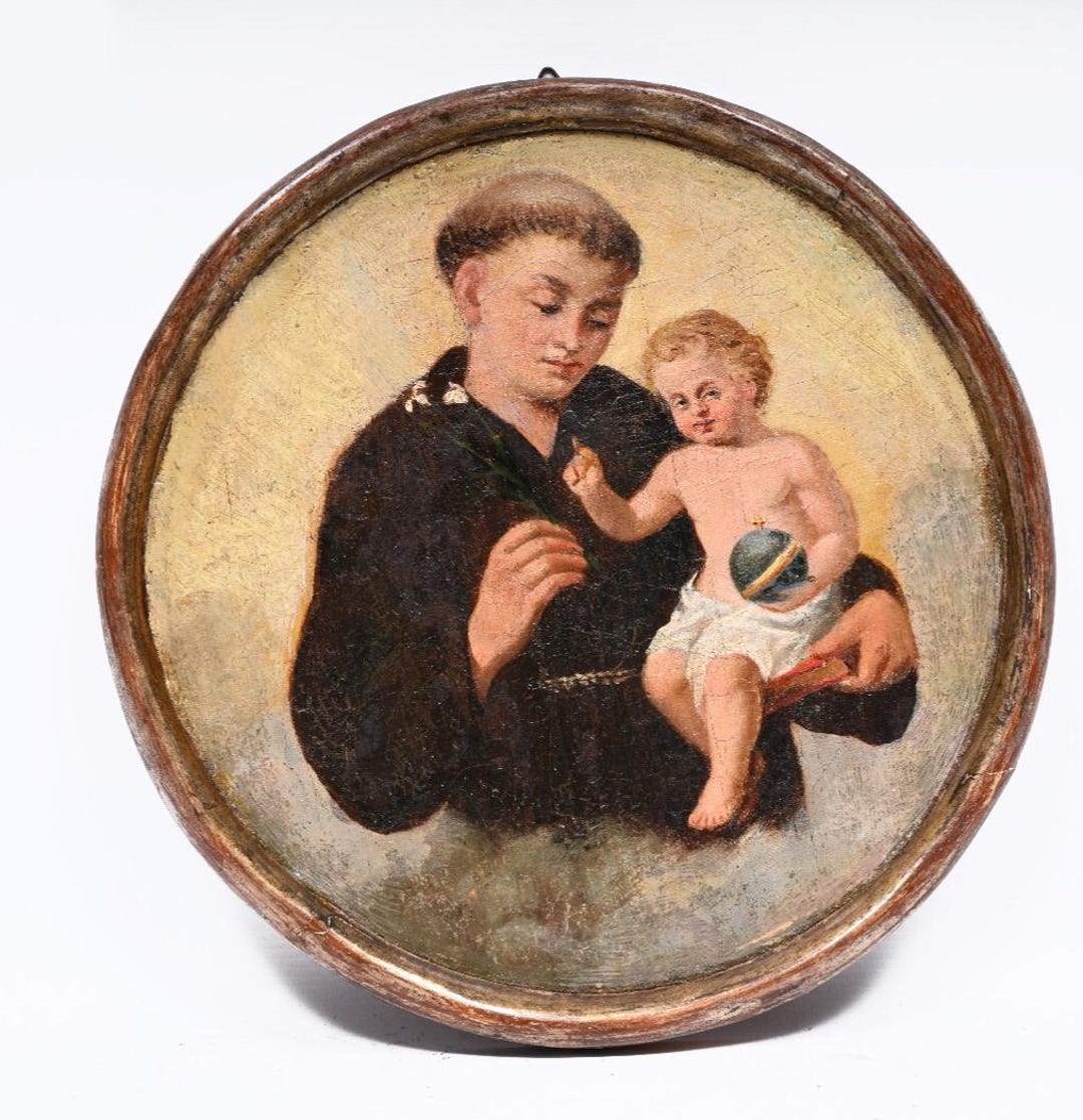 Antique 1800s Italian School Oil Canvas Maroufle Panel Saint Anthony ...