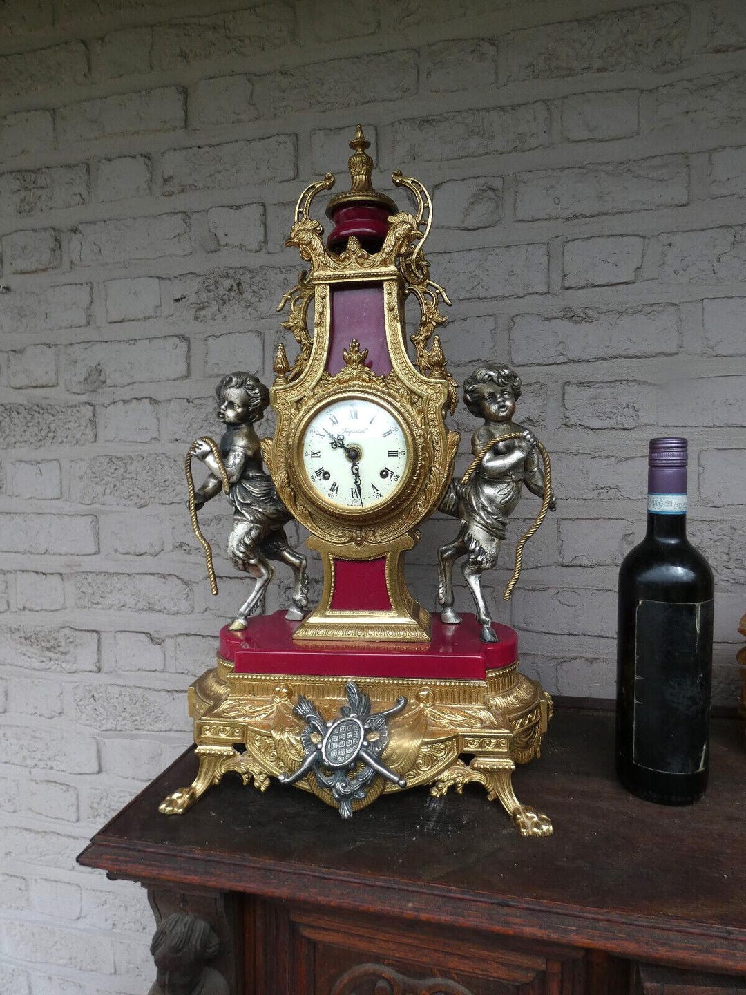 Vintage Italian Putti Faun Figural Mantel Clock Bronze Red Metal 1970s ...