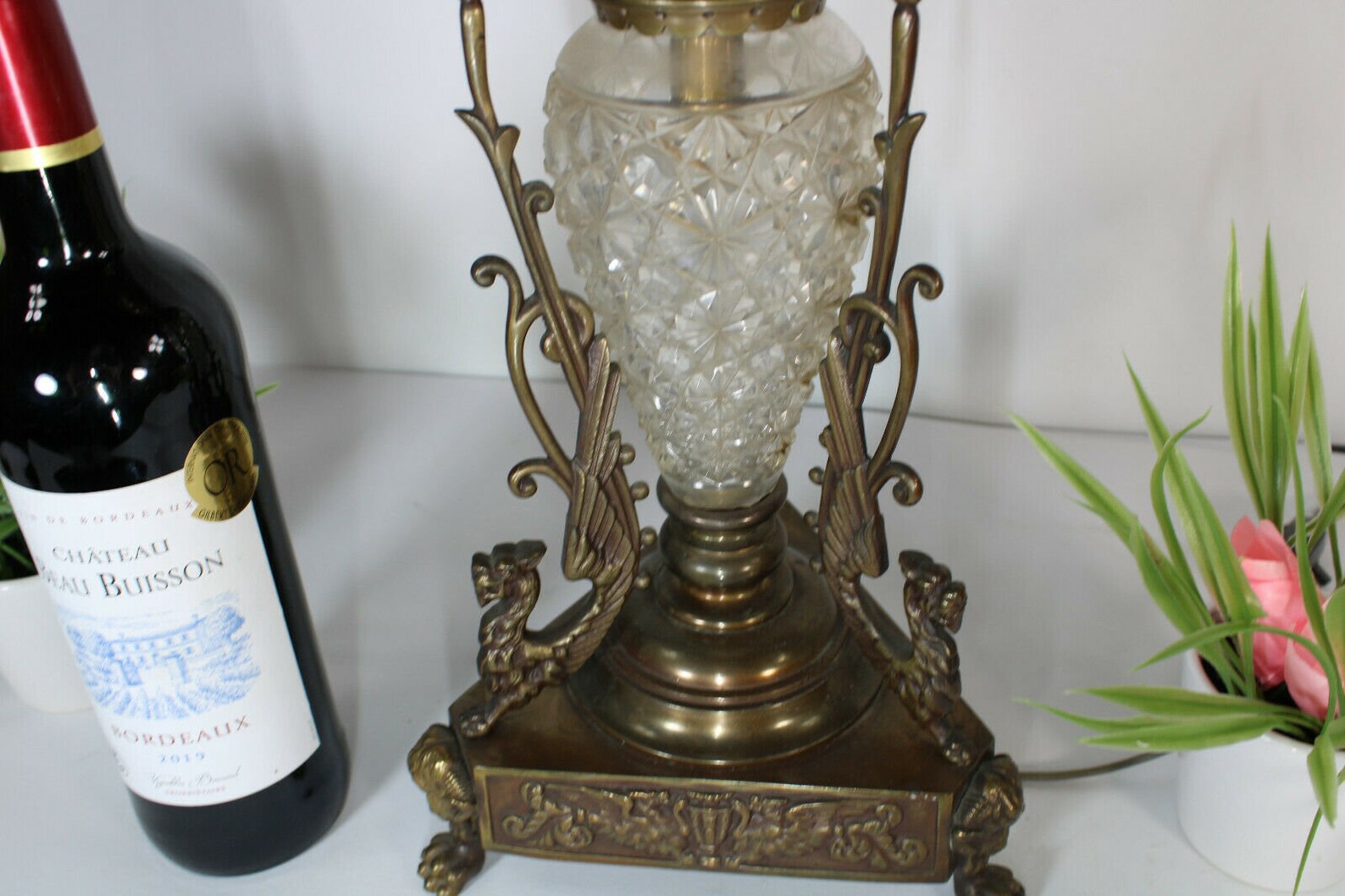 Antique xl french bronze crystal dragons satyr heads oil lamp | Etsy