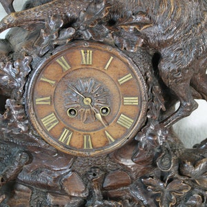 Xl Top Antique Black Forest Wood Carved Clock Hunting Scene Dogs Deer ...