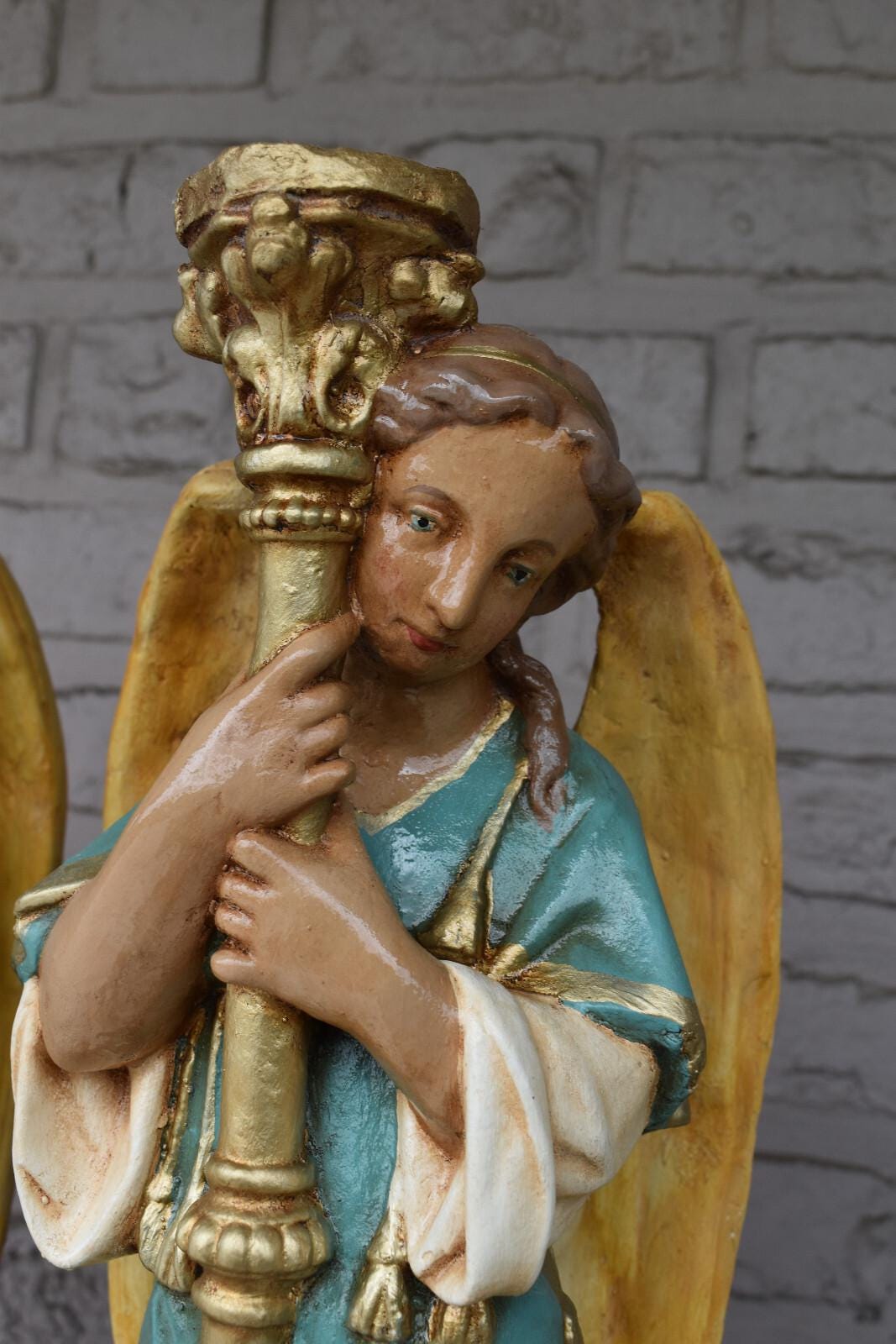 Pair Antique Archangel Figurine Statue Candle Holder Candelabra Altar ...