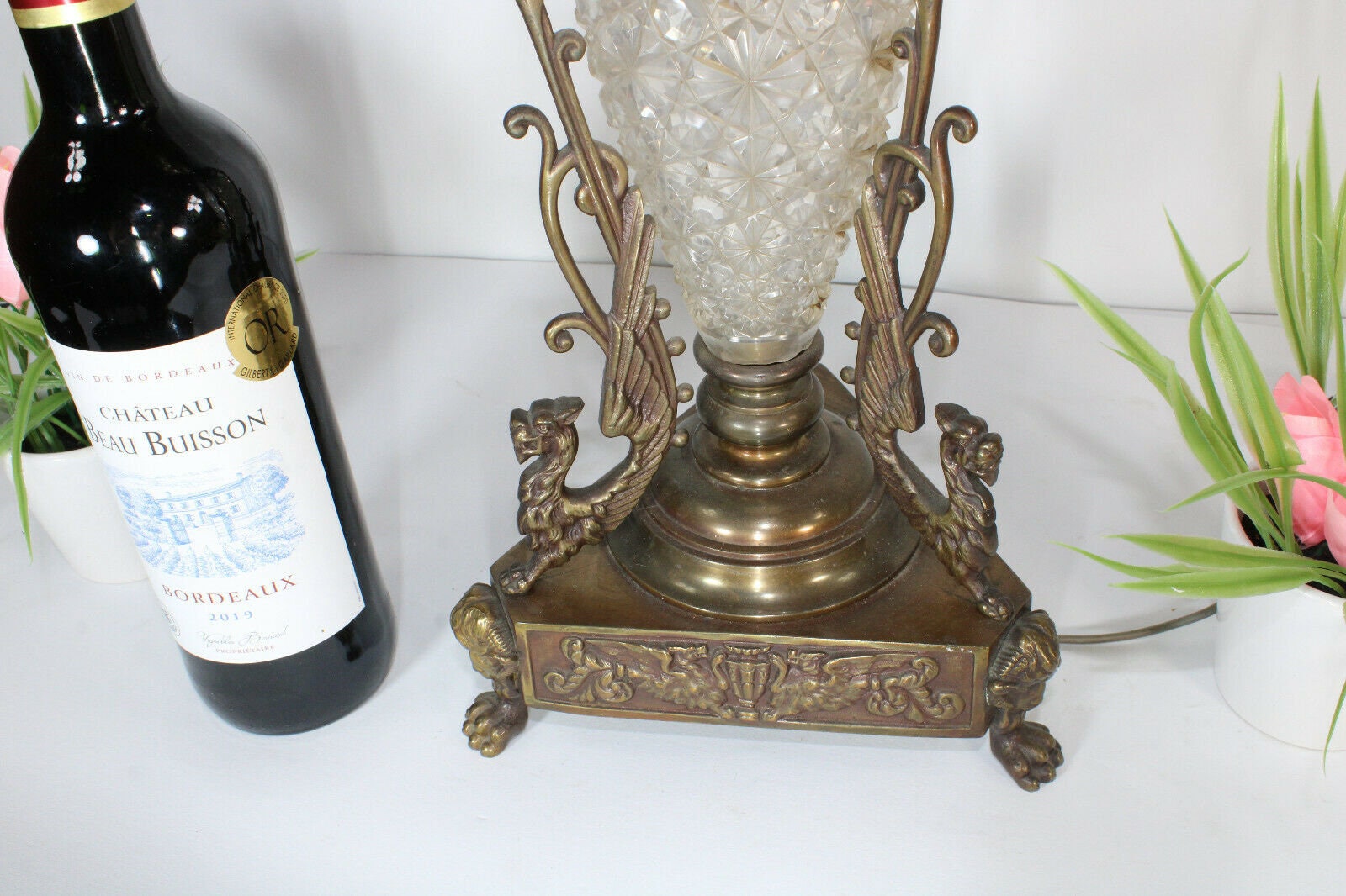 Antique xl french bronze crystal dragons satyr heads oil lamp | Etsy