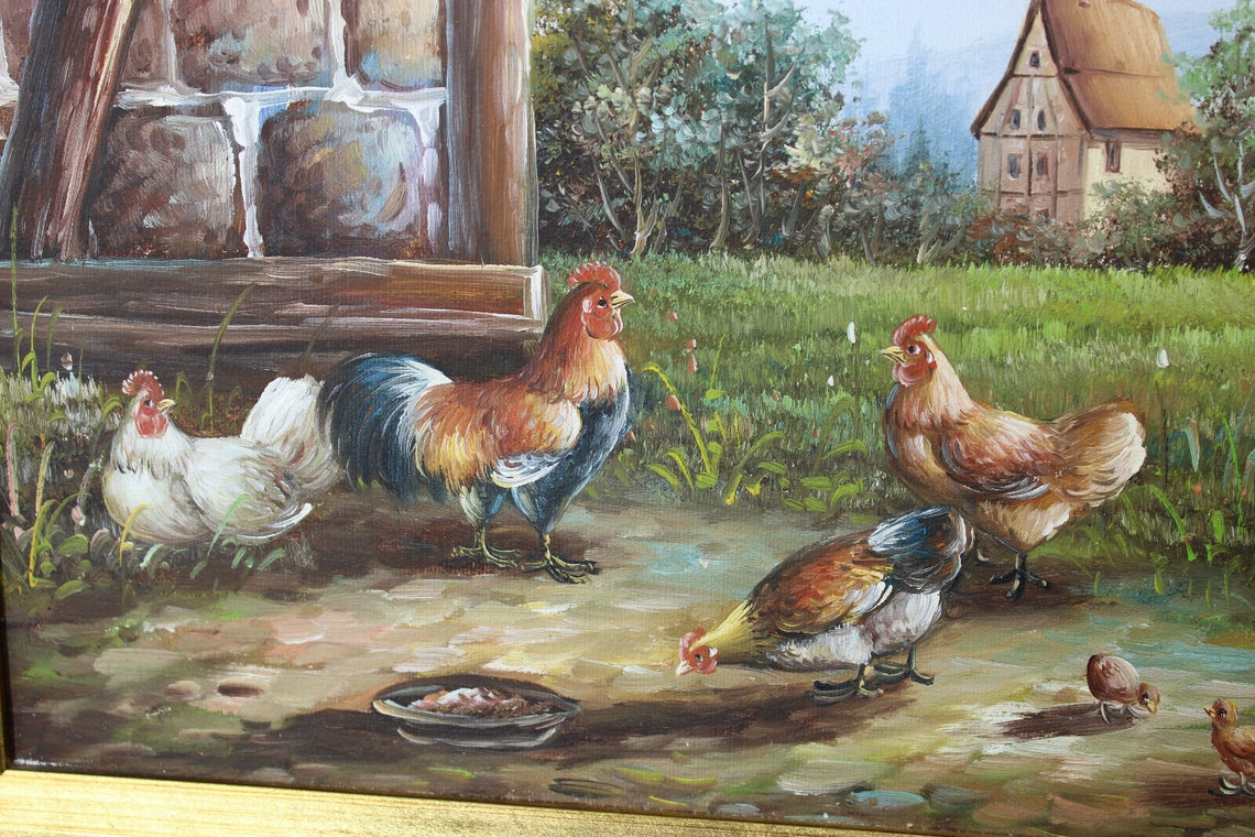 Vintage Flemish Oil Canvas Animal Chicken Rooster Family Painting - Etsy