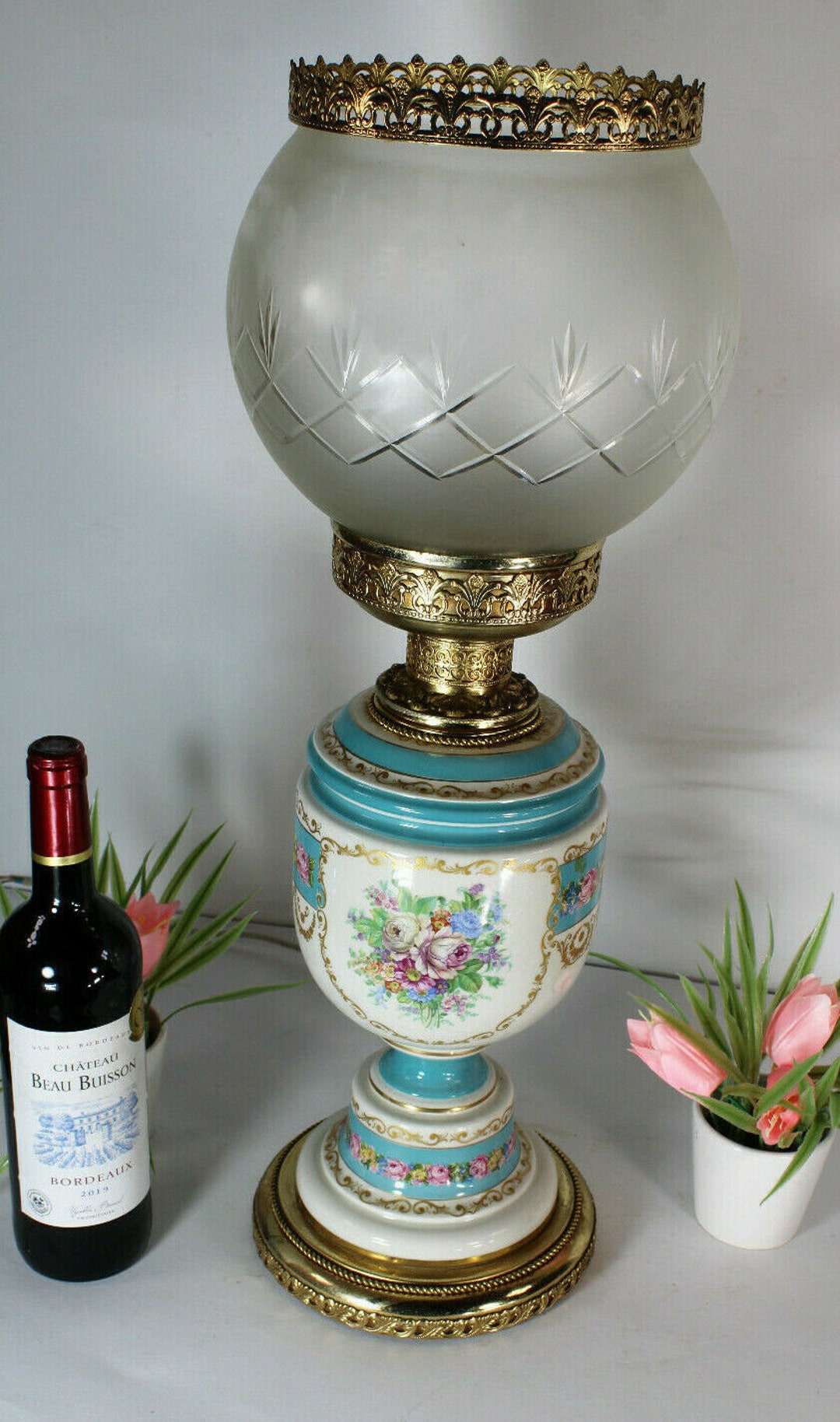 Vintage French Vieux Paris Porcelain Table Lamp Floral Decor Glass ...