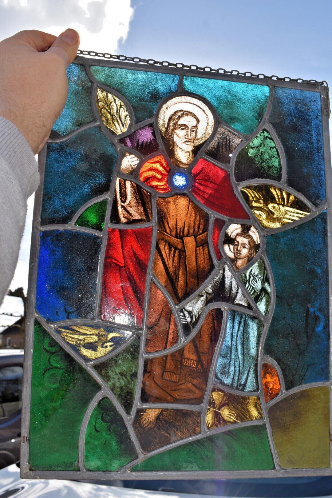 Antique Flanders Stained Glass Window Panel Saint Joseph Child Jesus ...