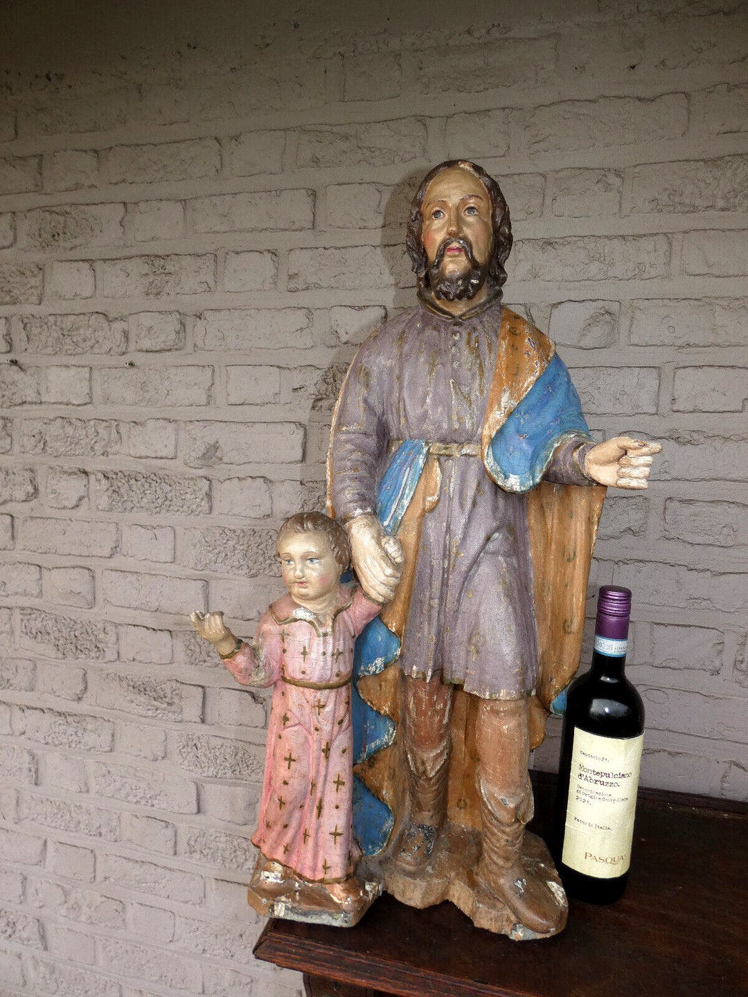 Antique 27" Large 1800s Rare Wood Carved Polychrome Saint Joseph Jesus ...