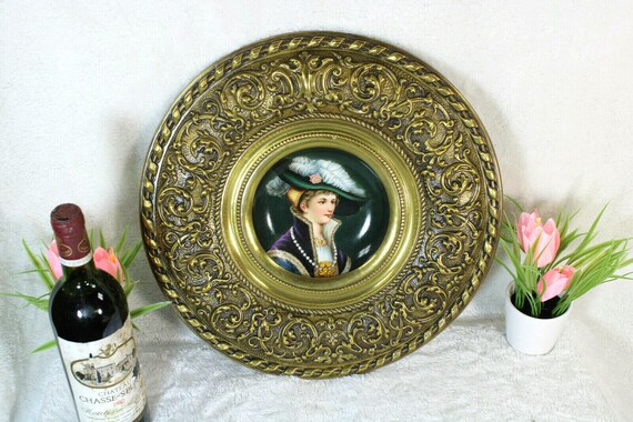 Antique Metal Relief Wall Plaque Porcelain Hand Paint Portrait | Etsy