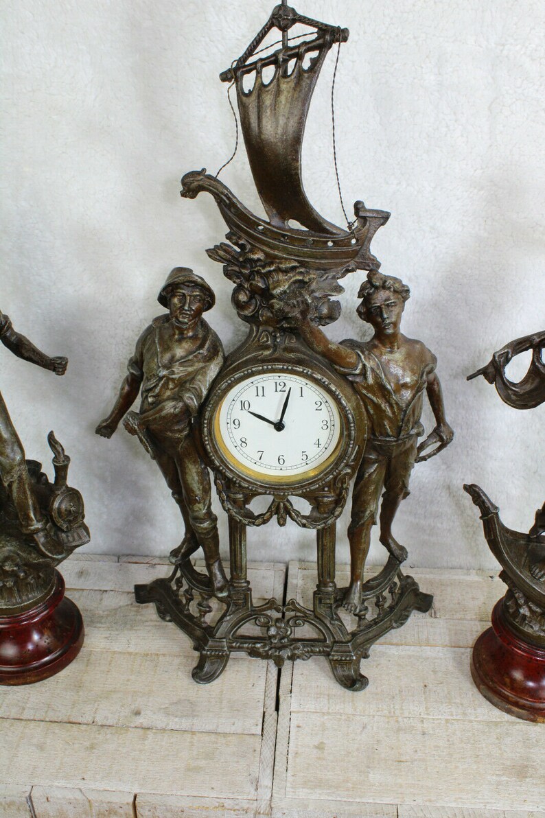 Vintage 1970 French Zinc Spelter Mantel Clock Set Statue - Etsy