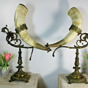 Pair Antique Bronze Gothic Castle Dragon Figurine Cornucopia Horn ...