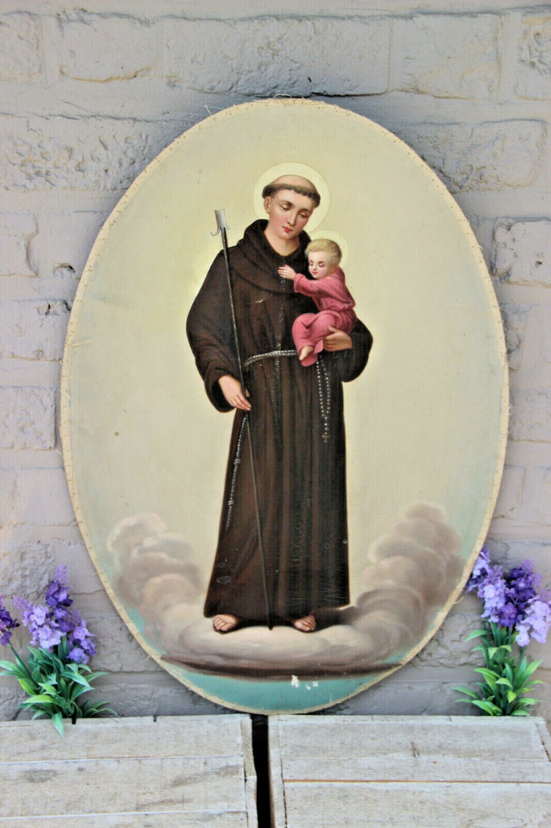 Antique Oil Cardboard Painting of Saint Anthony With Child Oval ...
