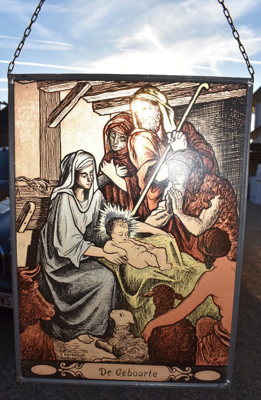 Vintage Stained Glass Window Hanger Panel Birth Christ Nativity ...