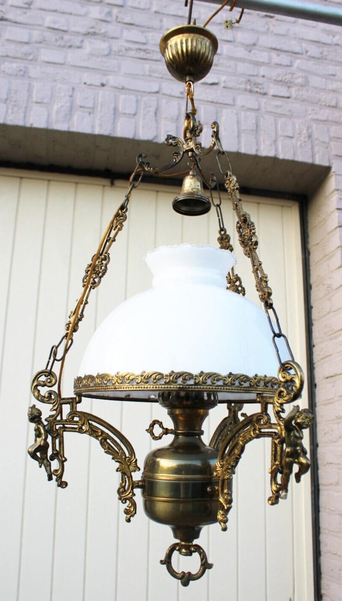 Flemish Bronze Cherub Putti Figural Opaline Glass Chandelier Lamp ...