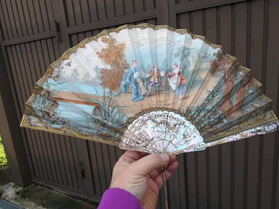 Antique signed french hand painted paper fan etched … - Gem