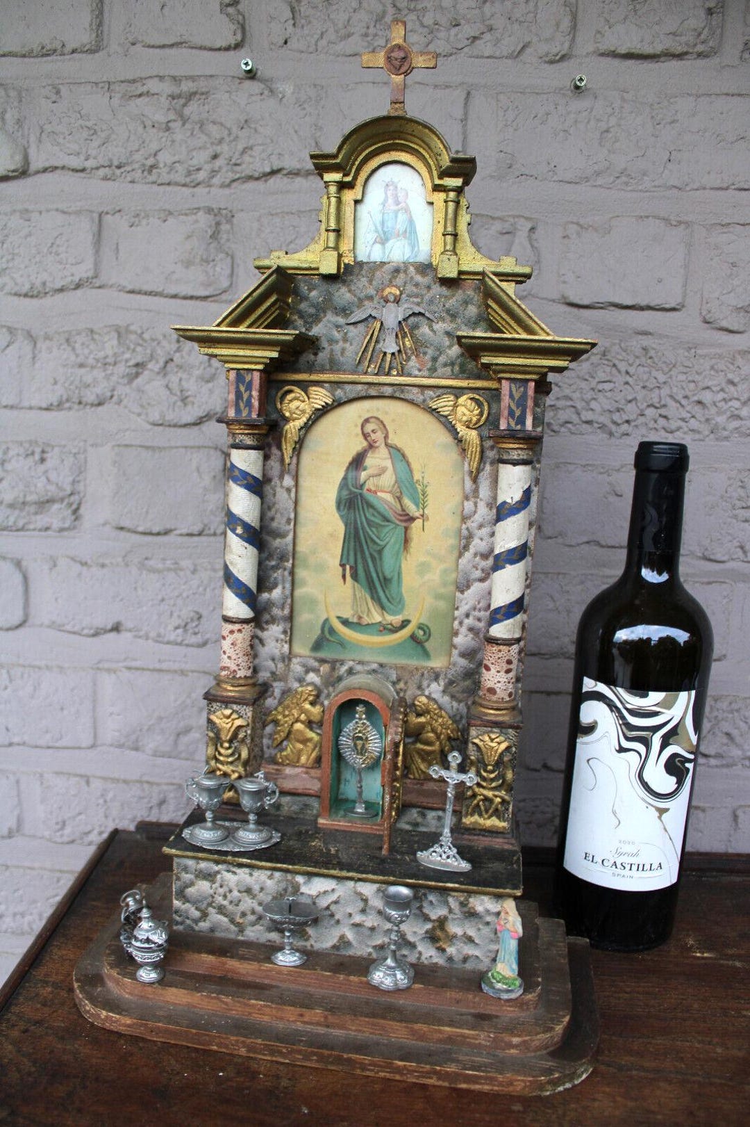 Antique Religious Home Altar Wood Carved Toys Rare Monstrance Crucifix ...