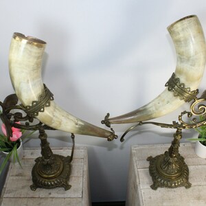 Pair Antique Bronze Gothic Castle Dragon Figurine Cornucopia Horn ...