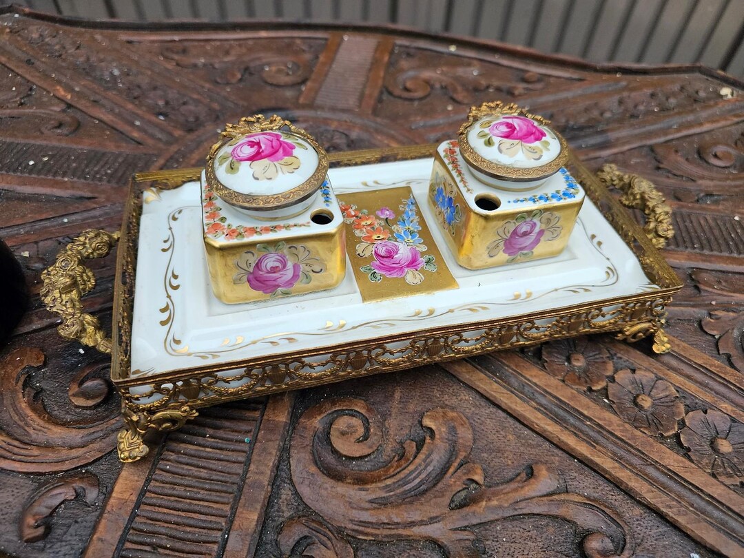 Vintage French Limoges Marked Porcelain Desk Inkwell Floral Decor - Etsy