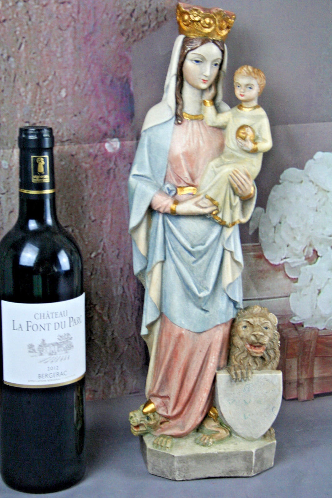 Religious Polychrome Painted Stoneware Heavy Madonna Statue Lion - Etsy